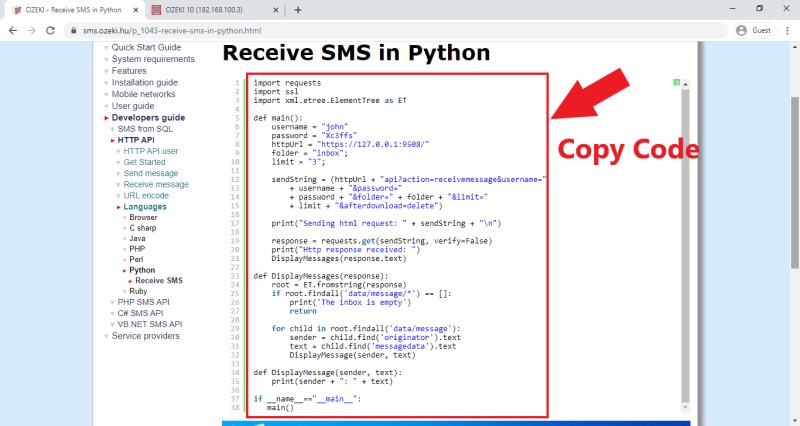 OZEKI Receive SMS In Python